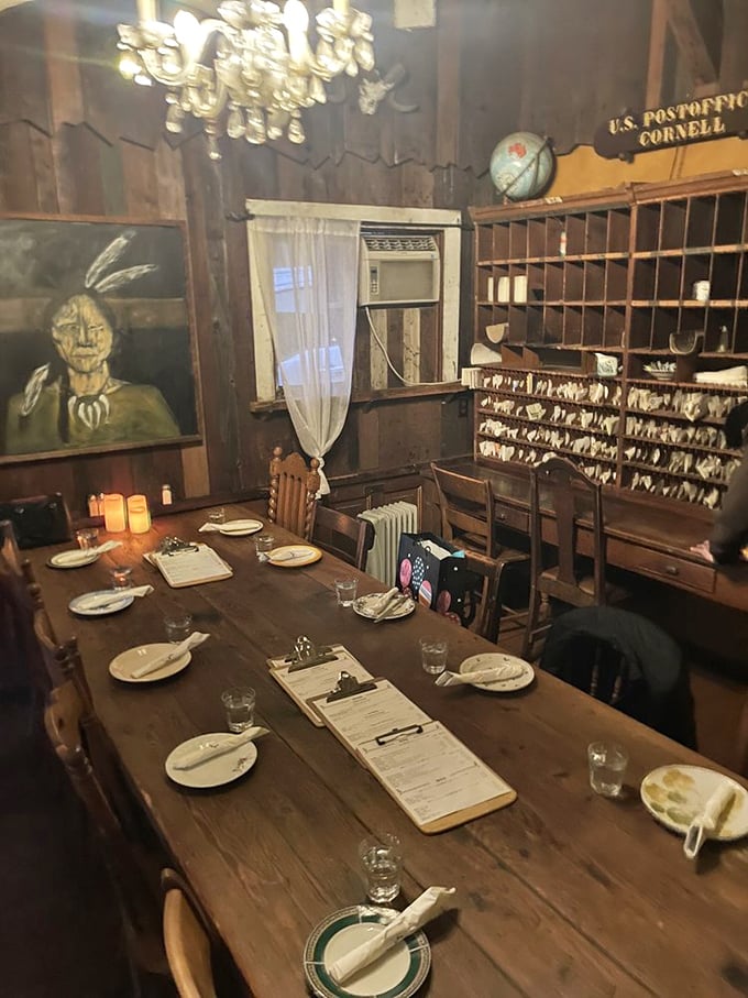 A dining room where John Wayne wouldn't look out of place. That chandelier has seen more celebrations than a wedding planner.