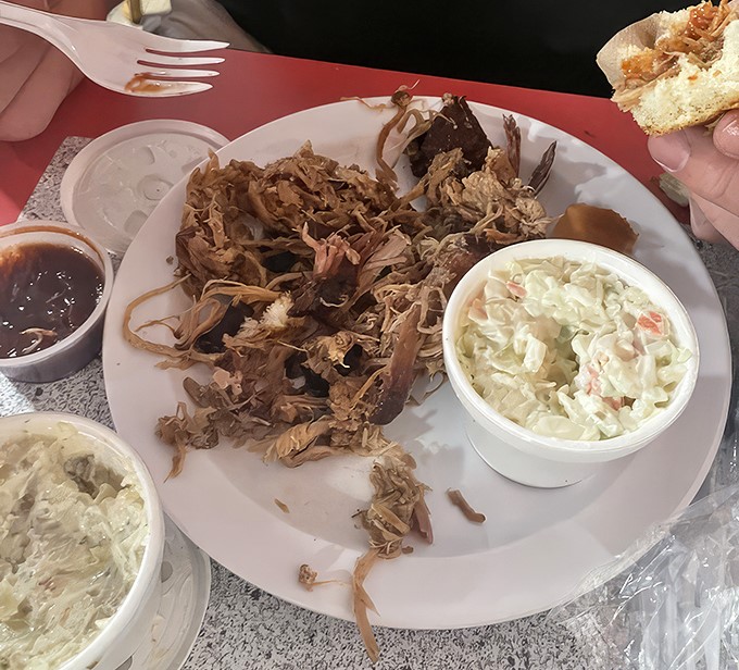 The pulled pork here doesn't hide behind sauce &ndash; it proudly displays its smoke ring credentials while nodding respectfully to the coleslaw's cooling crunch.