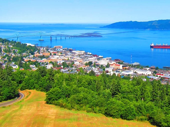 Riverside View: The town unfolds like a storybook from this vantage point, with the mighty Columbia stretching toward the horizon and the bridge connecting two states.