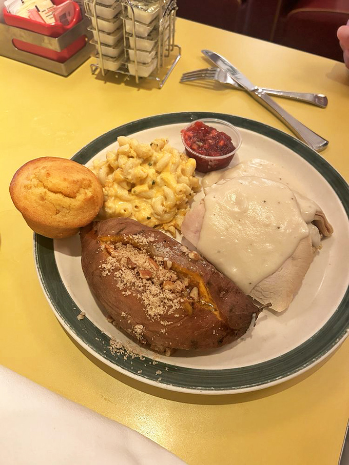 A Thanksgiving flashback any day of the year &ndash; roasted turkey, sweet potato, mac and cheese, and cranberry sauce that tastes like childhood.