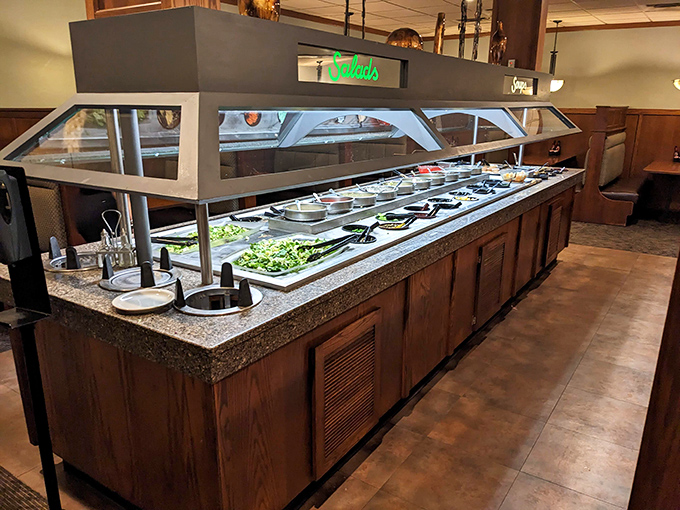 The salad bar stretches like a produce runway, where lettuce and toppings get their moment to shine. Choose your own adventure, veggie style.