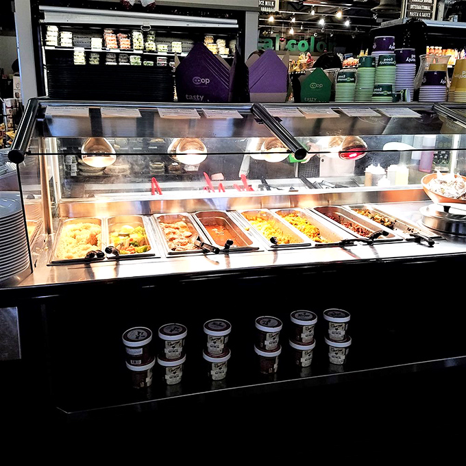 The hot bar&mdash;where "I'll just have a small lunch" turns into a sample-everything expedition across multiple cuisines. Resistance is futile.