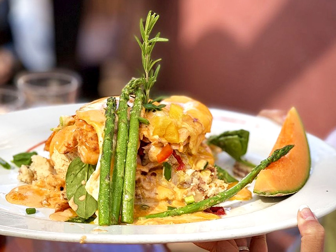 Benedict gets the California treatment with fresh salmon and asparagus spears standing at attention. The hollandaise practically demands a standing ovation.
