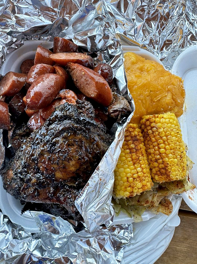 Smoked chicken, sausage, and corn on the cob—a trilogy more satisfying than any Hollywood blockbuster could ever be.