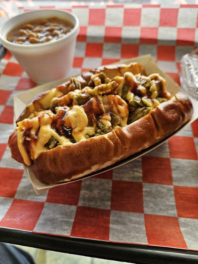 This isn't just dinner, it's an event &ndash; a hot dog dressed for the occasion with enough toppings to require strategic eating techniques.