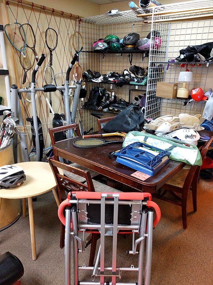 The sports equipment corner&mdash;where tennis rackets, bowling balls, and golf clubs patiently wait for their second chance at athletic glory.