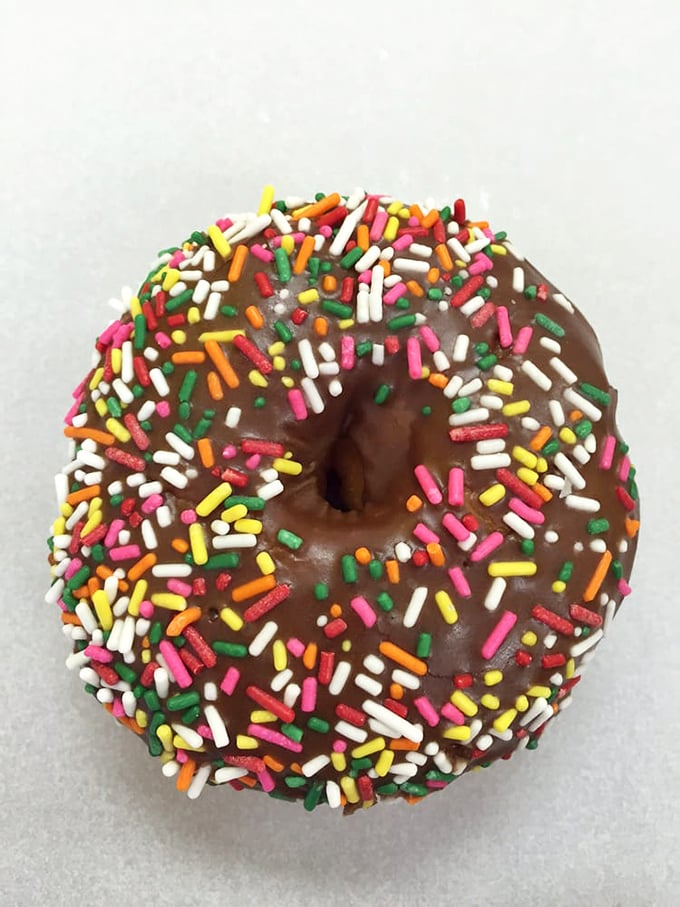 Sprinkles make everything better! This chocolate-glazed beauty has dressed for success with its rainbow confetti topping.