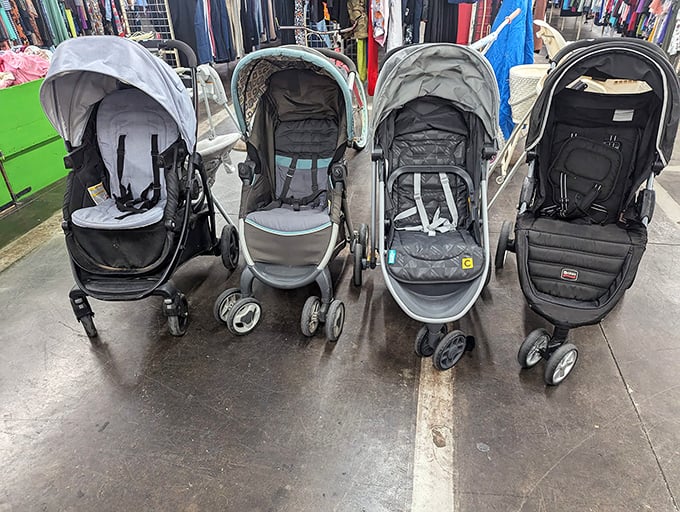 The stroller squad, lined up and ready for action. Perfect for new parents or those planning a very ambitious heist.