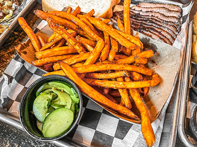 Sweet potato fries with a side of house-made pickles&mdash;the yin and yang of barbecue sides, offering sweet, salty, and tangy in perfect harmony.