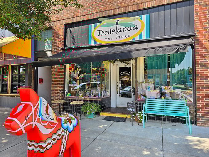 Trollsl&auml;nda Toy Store proves Swedish toy philosophy is alive in Kansas, complete with a Dala horse sentinel guarding the entrance.