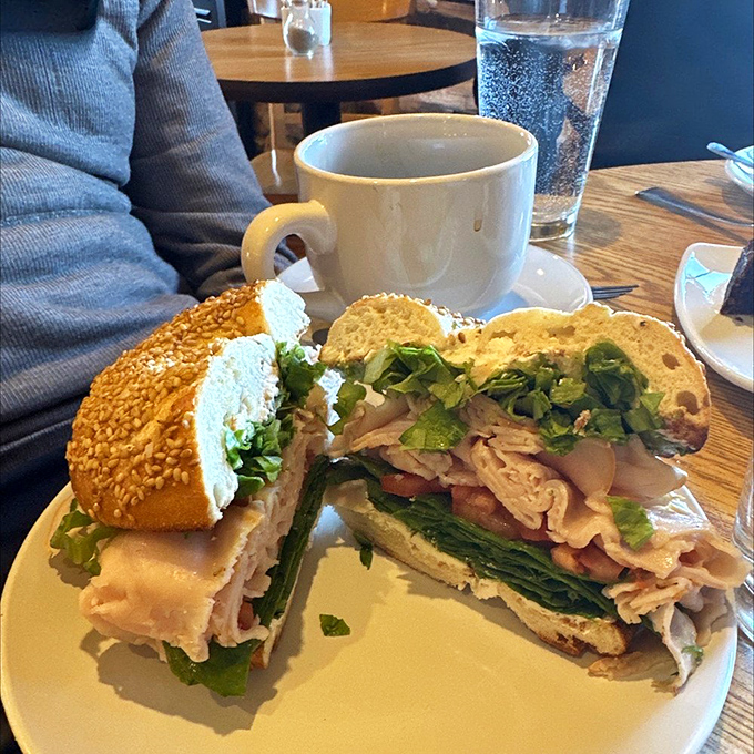A sandwich masterclass: hearty turkey, fresh greens, and the perfect bagel-to-filling ratio. The kind that ruins all other lunches for weeks.