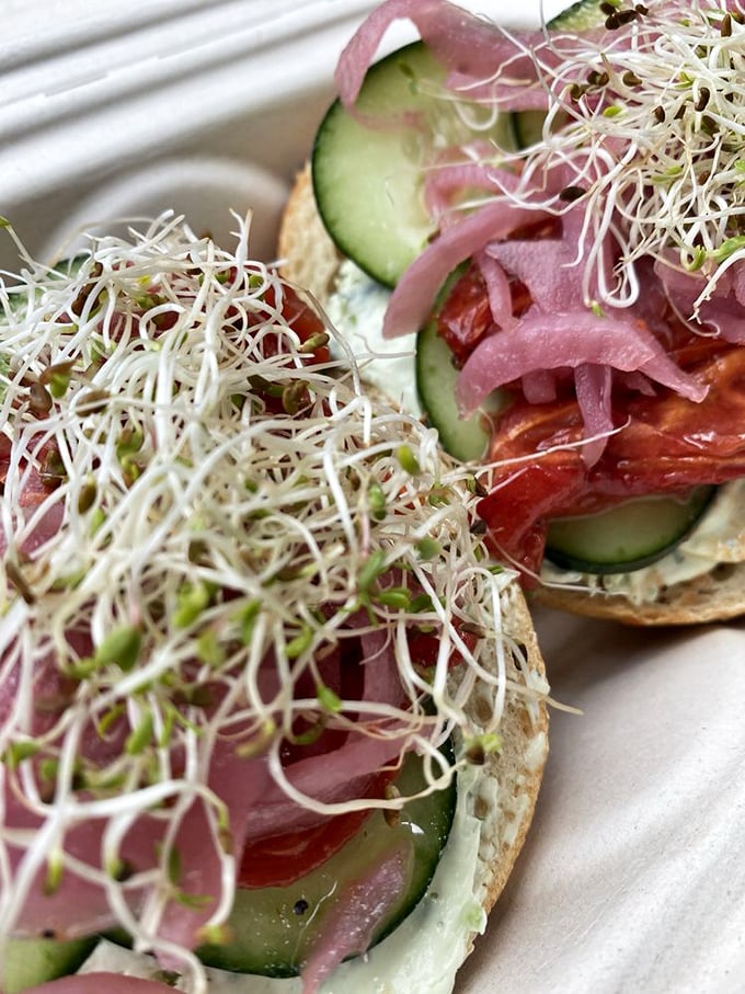 A garden party on a bagel. Those sprouts aren't just garnish&mdash;they're participating fully in this flavor conversation.
