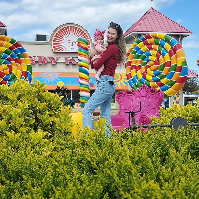 Outside the sweet headquarters, giant lollipops create the perfect photo opportunity. Memories being made, one sugar rush at a time.