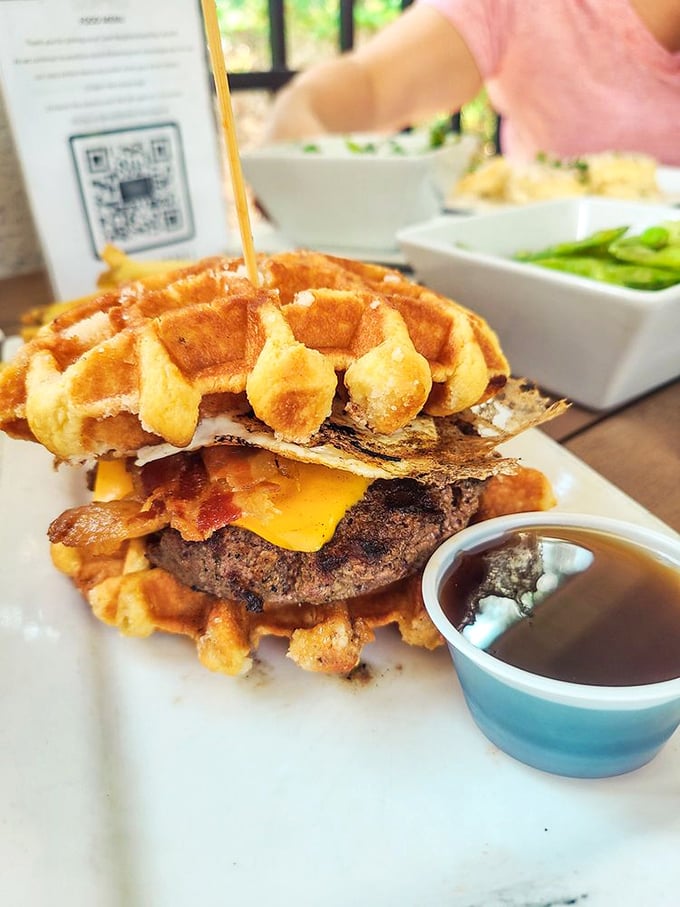 When breakfast and lunch stop fighting and make up in spectacular fashion. The waffle bun is what pancakes dream of becoming when they grow up.