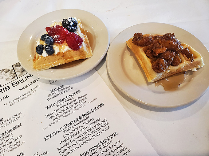 Breakfast meets dessert in these berry-topped waffles that would make Leslie Knope abandon JJ's Diner in a heartbeat. The other waffle's savory toppings suggest brunch nirvana.