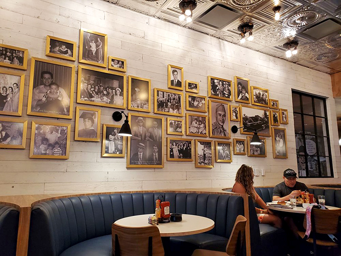 The dining room's blue and white floor pattern plays visual harmony with the wooden ceiling&mdash;like Astaire and Rogers, they dance perfectly together.