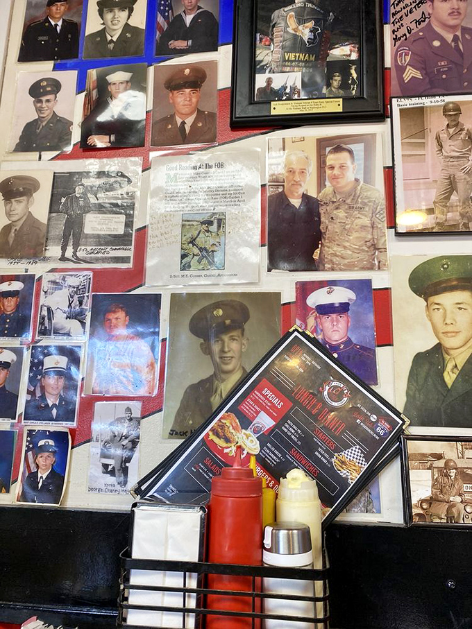More than decoration, these photos tell stories of service and sacrifice. Sid's walls honor veterans with the same respect they give to perfect burgers.