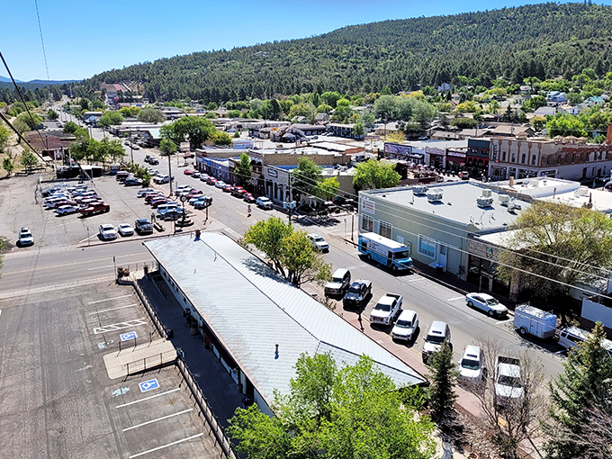 Williams wears its mountain setting like a tailored suit. This aerial view showcases how perfectly the town nestles into the pines&mdash;a true escape from desert heat.