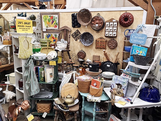 Baking molds and copper cookware create a tactile timeline of American domestic life. Those cake pans have seen more birthday celebrations than you ever will.