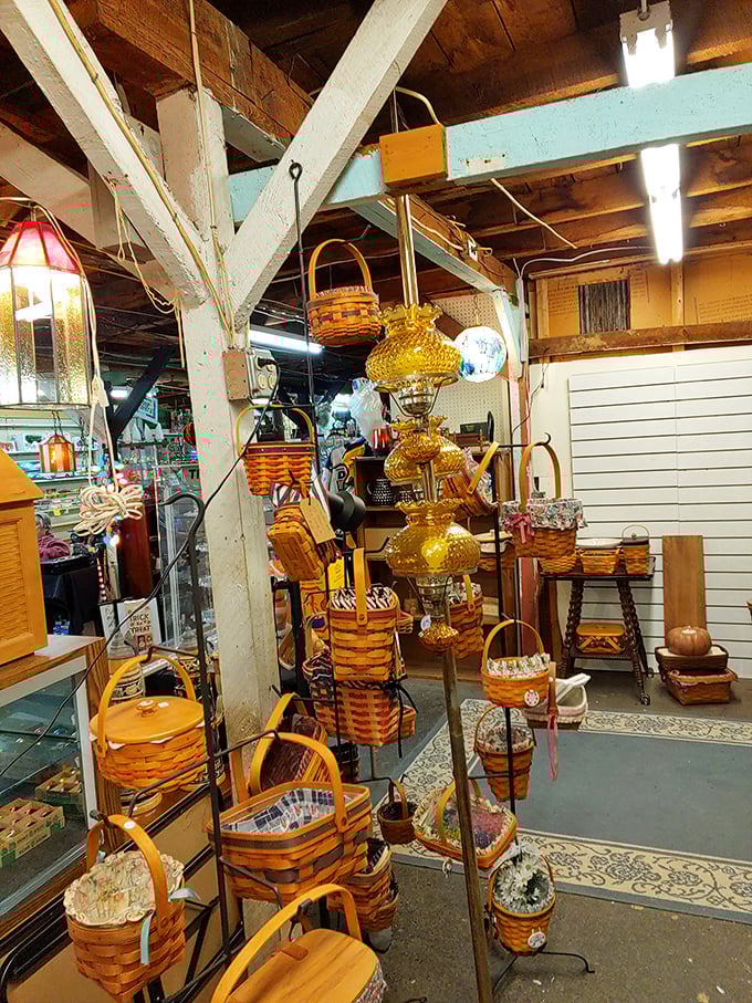 Longaberger baskets hang like woodland creatures in their natural habitat. Your grandmother would approve of this handwoven bonanza.