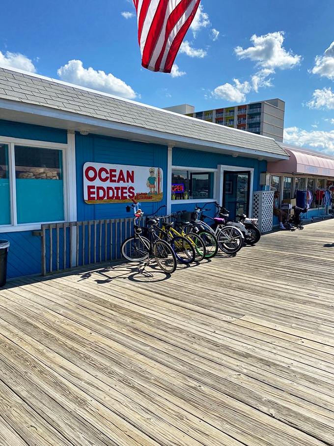 The collection of bikes outside isn't just transportation&mdash;it's evidence of a local secret worth pedaling to, American flag proudly waving overhead.