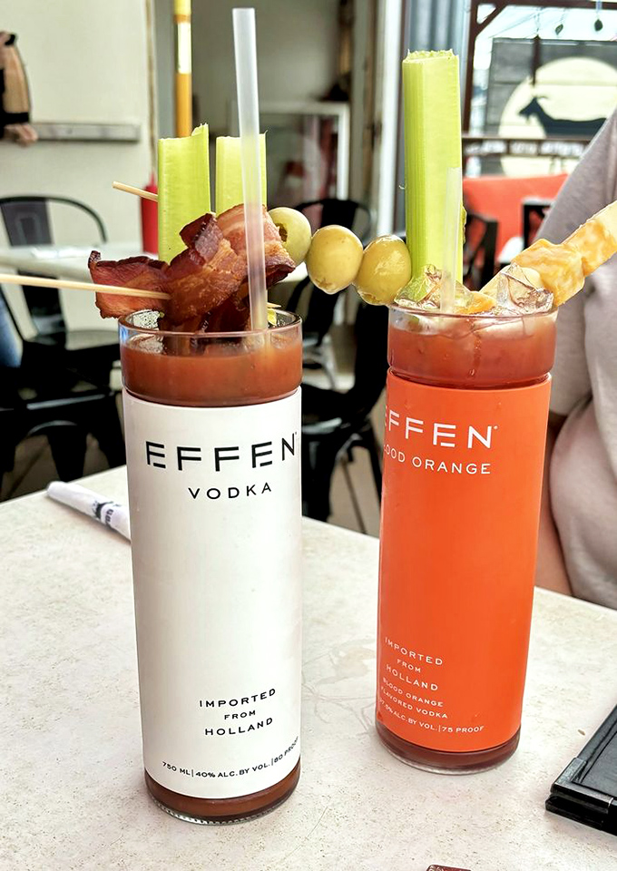 These Bloody Marys come fully loaded like the Swiss Army knives of cocktails. Celery, bacon, and olives create a portable brunch on a stick.