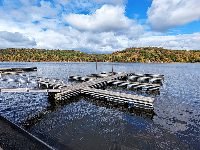 The marina awaits summer adventures while sporting fall's finest backdrop. Boats may be docked, but memories are still setting sail.