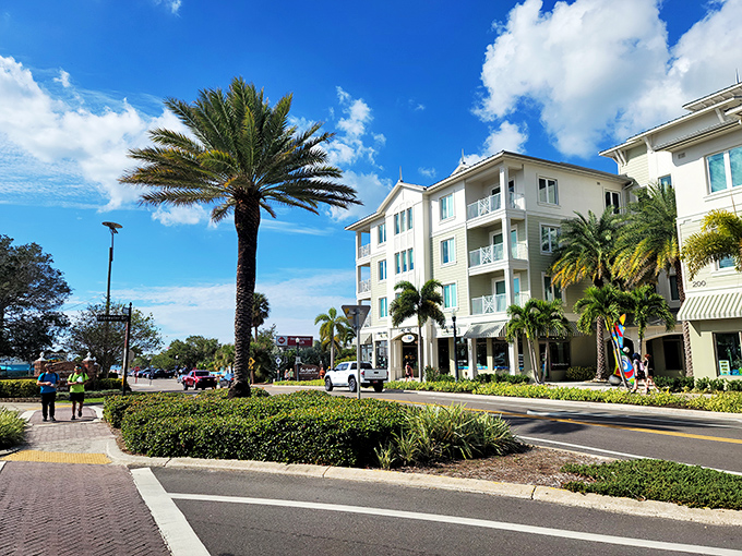 Palm trees stand sentinel along Dunedin's walkable streets, where modern buildings maintain the town's architectural character rather than overwhelming it.