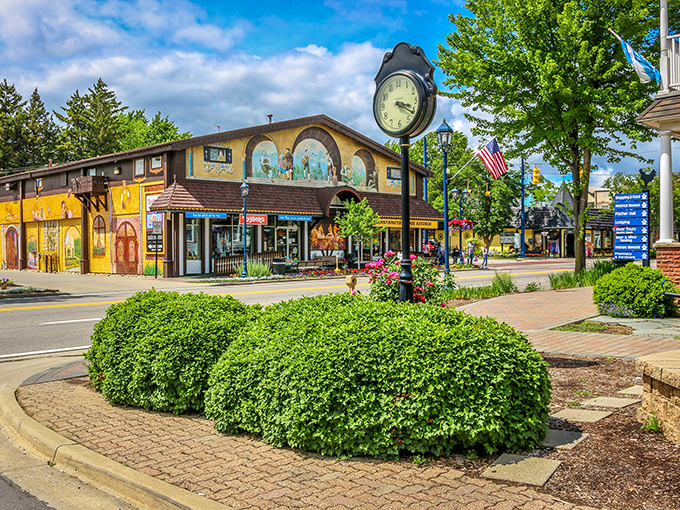 Frankenmuth's storefronts compete for most authentic Bavarian facade. That vintage clock isn't just keeping time&mdash;it's keeping traditions alive in this meticulously themed town.