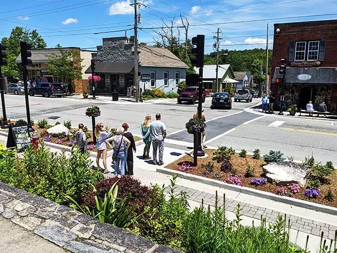 Spring flowers frame Blowing Rock's walkable downtown, where pedestrians have been stopping to chat since long before smartphones existed.