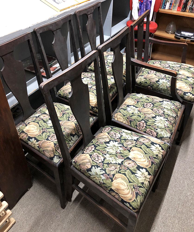 Mission-style chairs with floral upholstery—practical history that invites you to sit and stay awhile. Your dining room is calling.