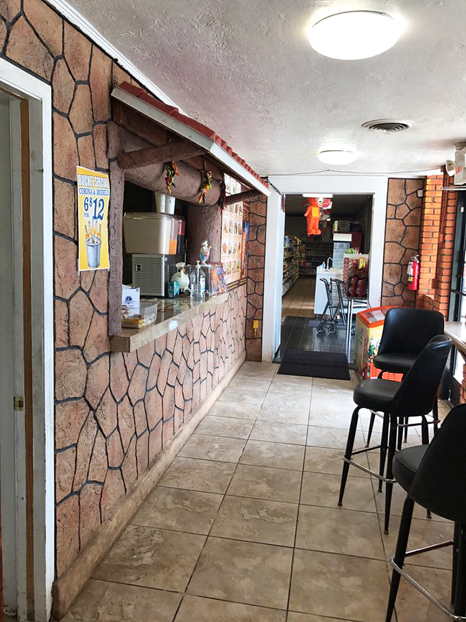 The stone-textured counter area feels like stepping into a little corner of Mexico, complete with those high stools perfect for quick taco consumption.