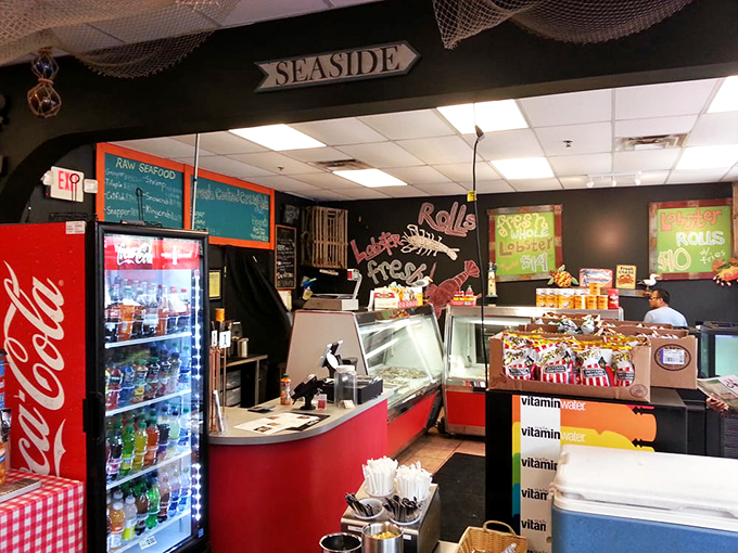 The retail counter where seafood dreams come true. That "Seaside" sign is both literal menu description and emotional destination.