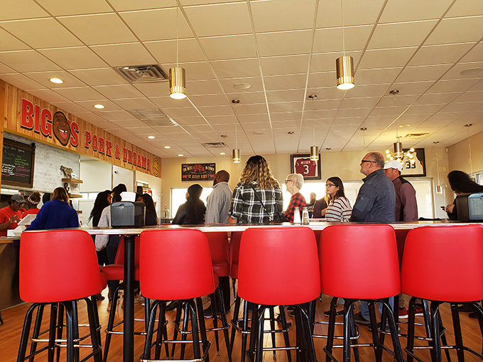 The lunch rush at Big O's&mdash;where strangers become friends united by the universal language of "mmm." Notice nobody's looking at their phones.