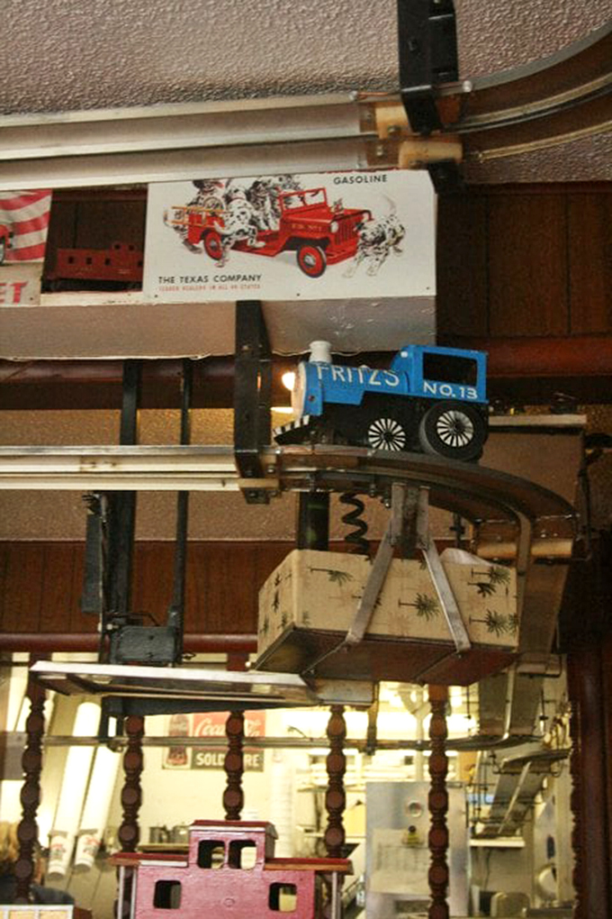 All aboard! The miniature train delivery system&mdash;Fritz's claim to fame&mdash;carries your burger overhead like royalty on rails.