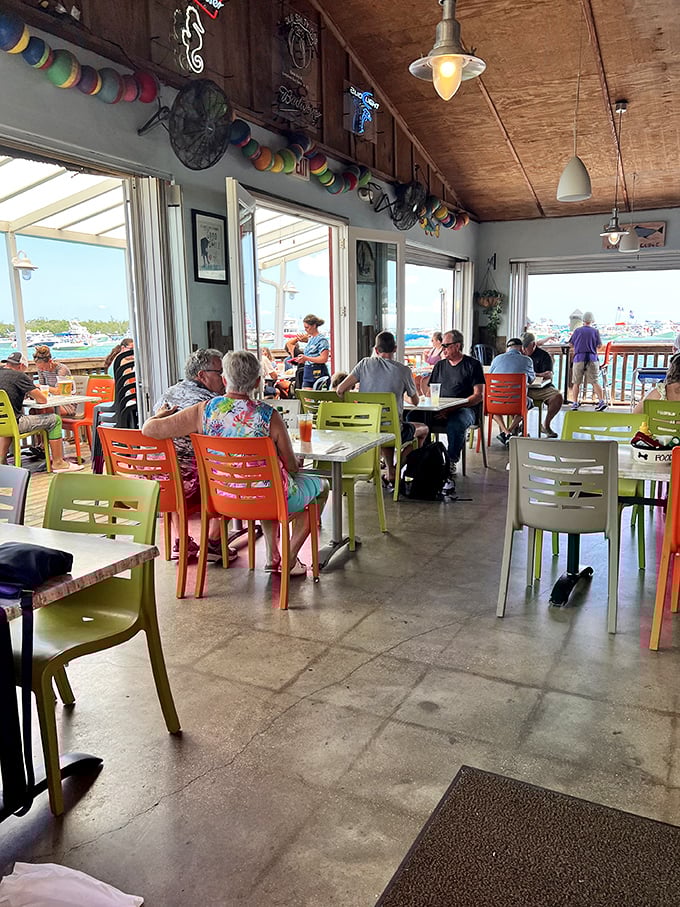 Where colorful chairs match colorful conversations. The water views are complimentary with every bite of seafood perfection.
