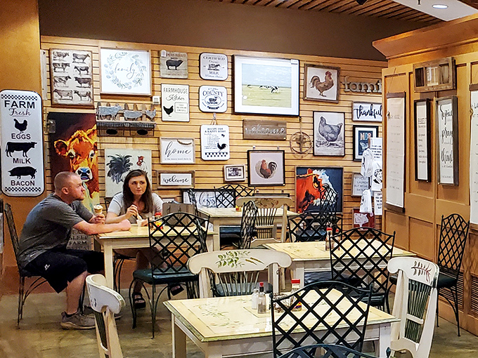 The farmhouse-chic dining area where strangers become friends, united by their mutual appreciation for all things pecan.