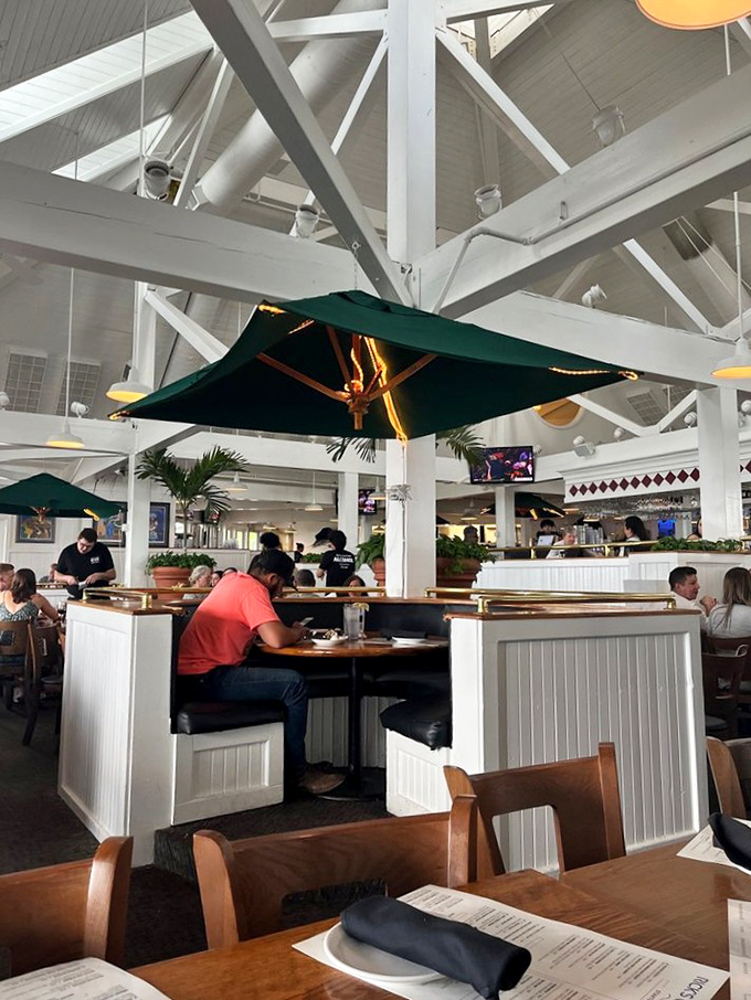 The restaurant's open-concept dining room, where wooden beams and natural light create that perfect "I'm on a getaway" feeling without leaving Indianapolis.