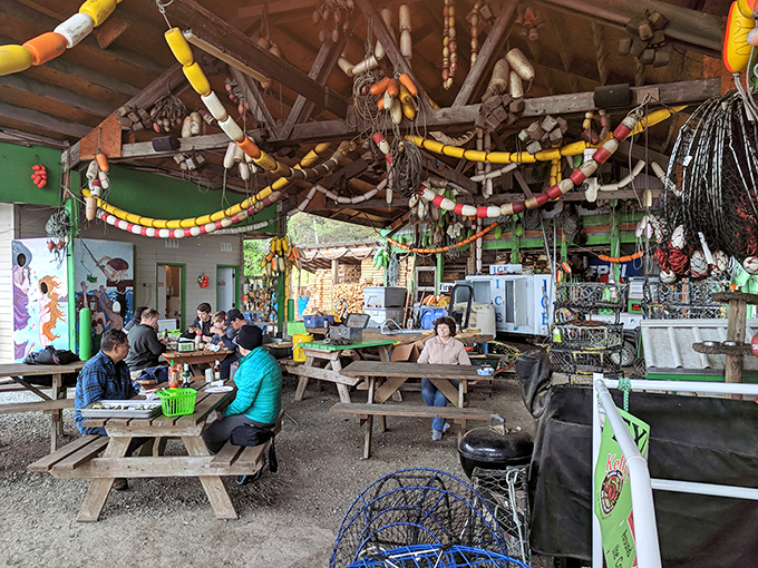 Under a ceiling festooned with colorful buoys, strangers become friends over the universal language of "pass the hot sauce, please."