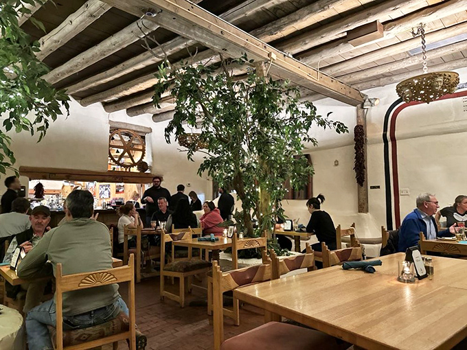 The bustling dining room speaks volumes—locals and tourists alike gathering under vigas and beside trees for that quintessential New Mexican dining experience.
