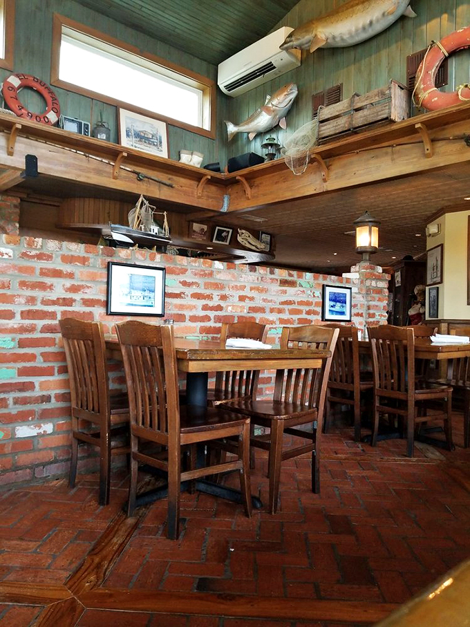 Brick floors that have supported generations of happy diners. These tables have heard more fishing stories than a boat captain's retirement party.