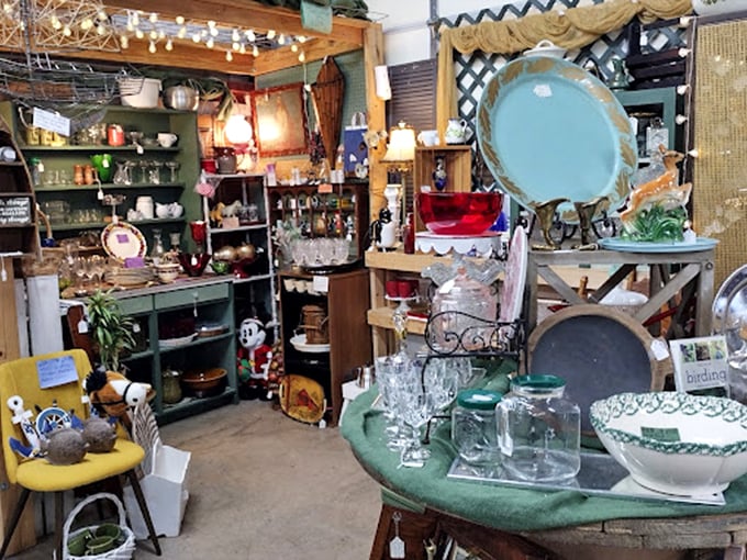 String lights and carefully arranged glassware transform this booth into a magical cave of wonders for the discerning collector. 