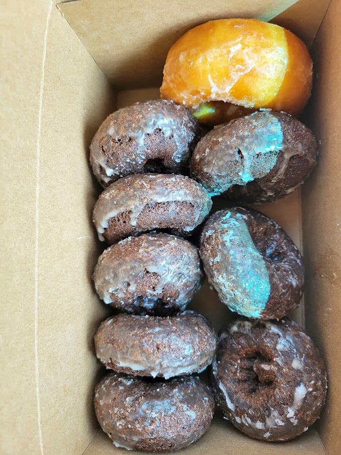 Chocolate donut battalion, standing at attention. These dark knights of breakfast have been known to cause spontaneous happiness and temporary amnesia about "eating healthy."