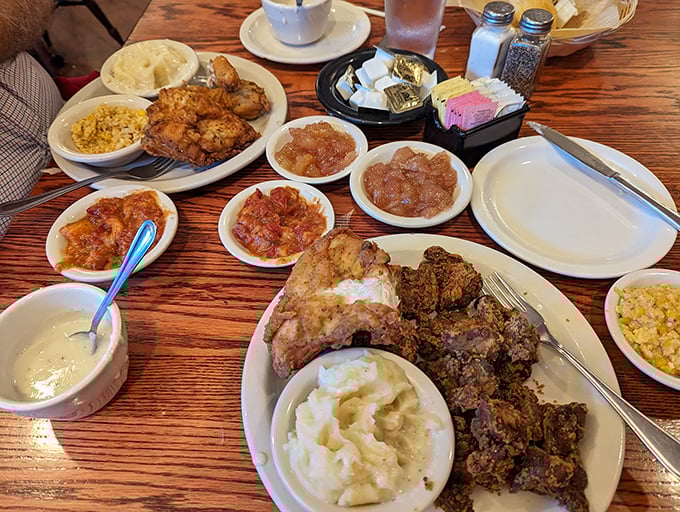 Not just a meal but a family reunion on a plate&mdash;fried chicken and country ham sharing space with all the fixings.