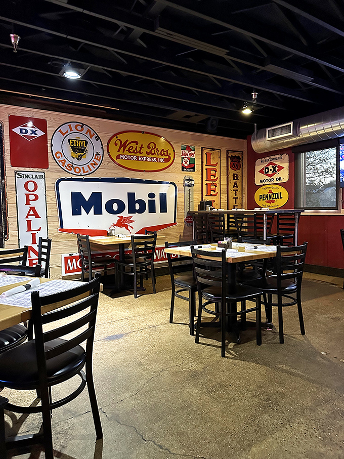 Classic automotive signs line the walls, creating the feeling you've stumbled into a place where good food and nostalgia are served in equal measure.