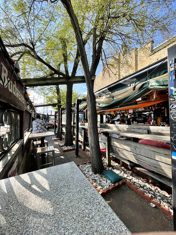 Trees growing through the patio create a magical outdoor dining space where nature and revelry coexist in perfect harmony.