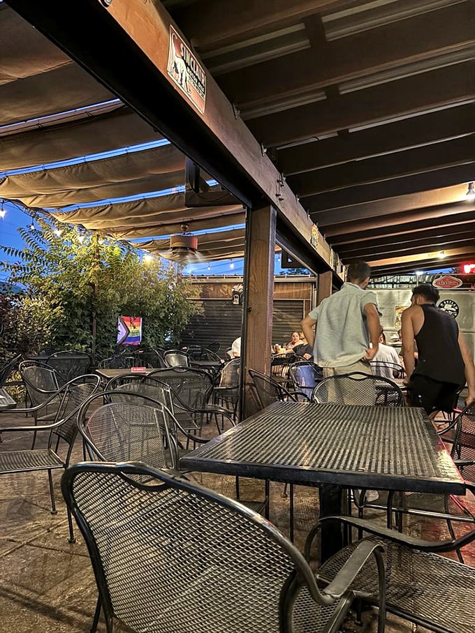 The patio at dusk offers a magical setting for outdoor dining. Even the string lights seem to celebrate your burger choice.