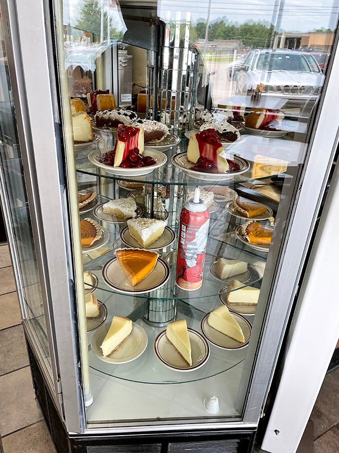 The dessert case stands ready for those rare souls with room left after a seafood feast. That cheesecake is calling your name.