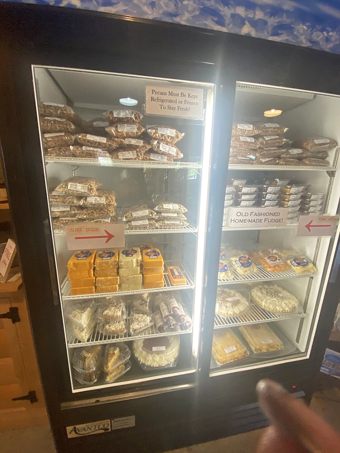 "Pecans Must Be Kept Refrigerated or Frozen To Stay Fresh!" The fridge reveals the secret stash&mdash;like peeking into Fort Knox for nut enthusiasts.