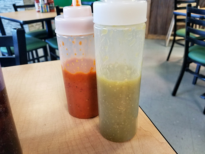House salsas that should be bottled and sold nationwide. One squeeze bottle holds liquid sunshine, the other packs enough heat to wake you up.